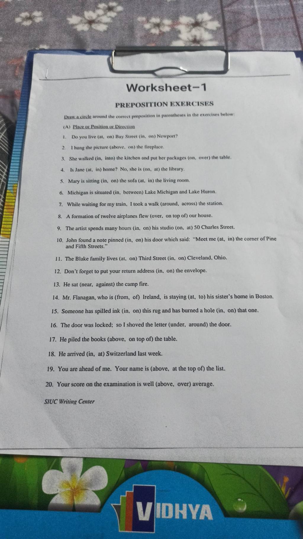 Worksheet-1 PREPOSITION EXERCISES Draw a circle around the correct prepos..