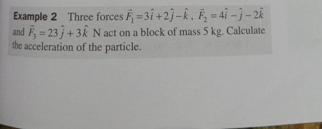 Example 2 Three forces F1 =3i^+2j^ −k^,F2 =4i^−j^ −2k^ and F3 =23j^ +3k^ Example 2 Three forces F1 =3i^+2j^ −k^,F2 =4i^−j^ −2k^ and F3 =23j^ +3k^
