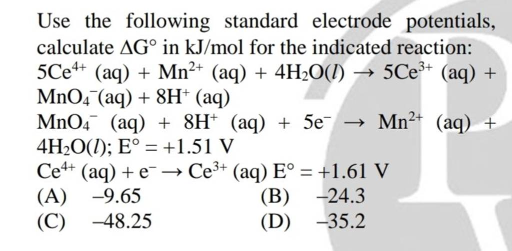 Use the following standard electrode potentials, calculate ΔG∘ in kJ/mol