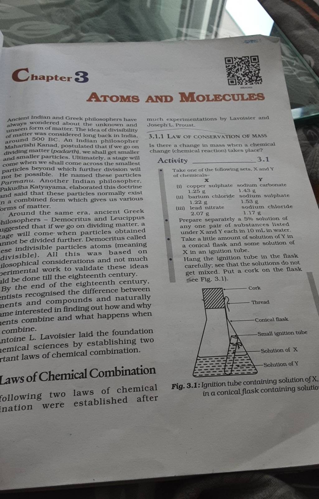 Chapter 3 ATONS AND NOLECULES following two laws of chemical Fig. 3.1: Ig..