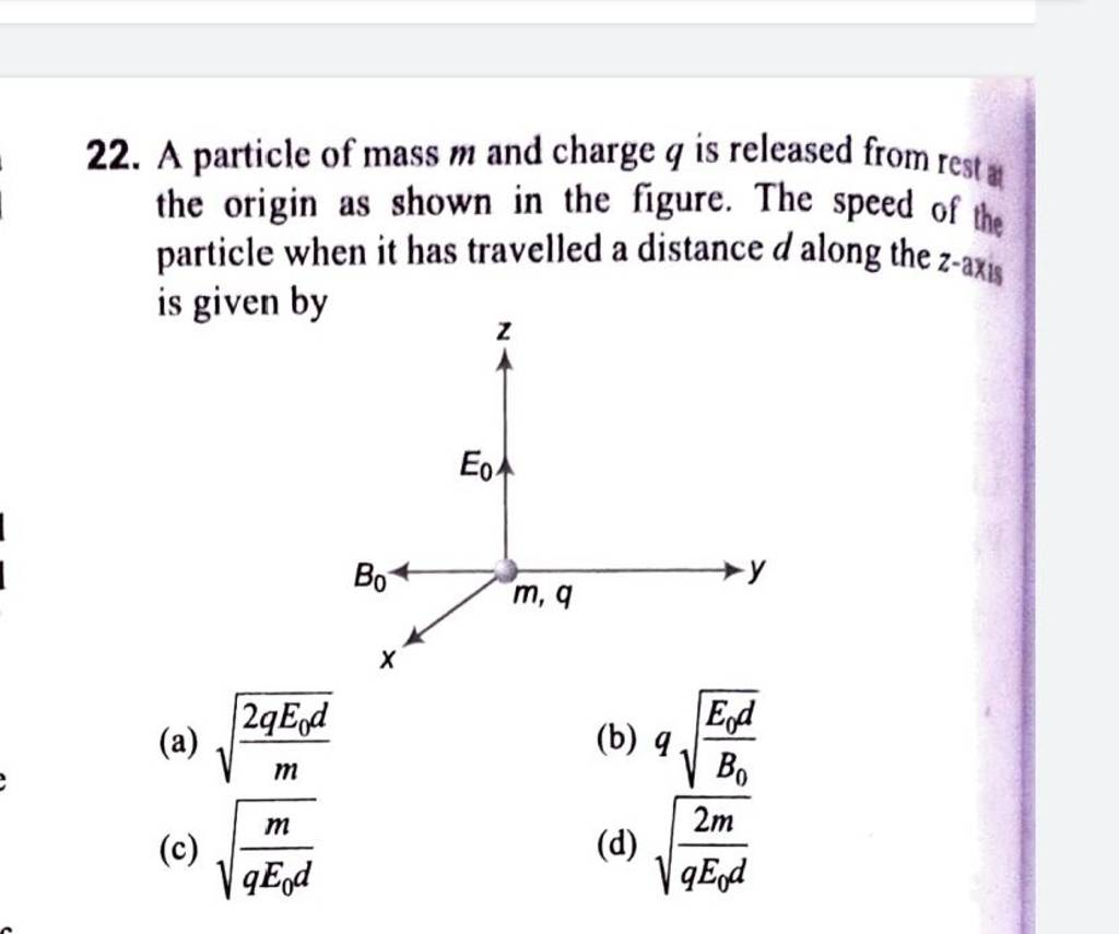 A particle of mass m and charge q is released from rest 2 the origin as s..