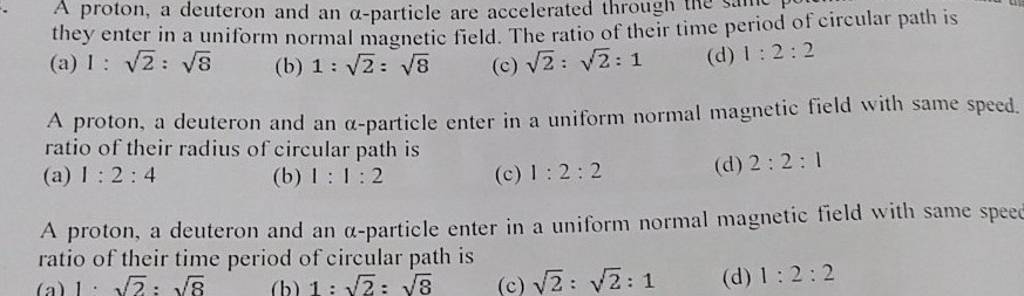 A proton, a deuteron and an α-particle enter in a uniform normal magnetic..