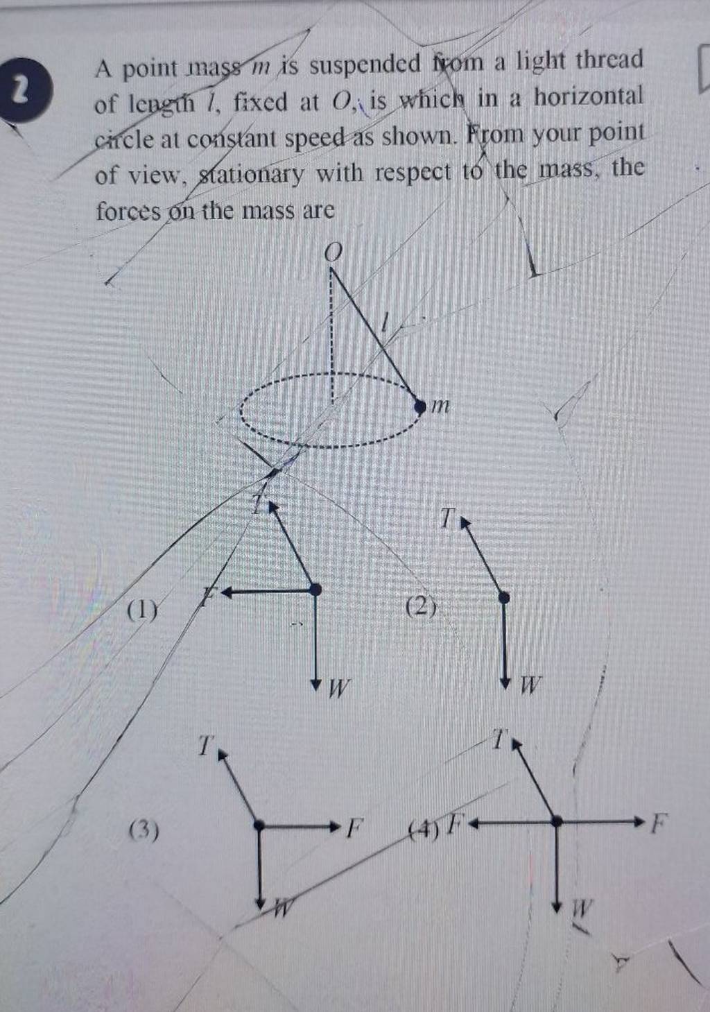 A point mass m is suspended from a light thread of lebgth l, fixed at O,