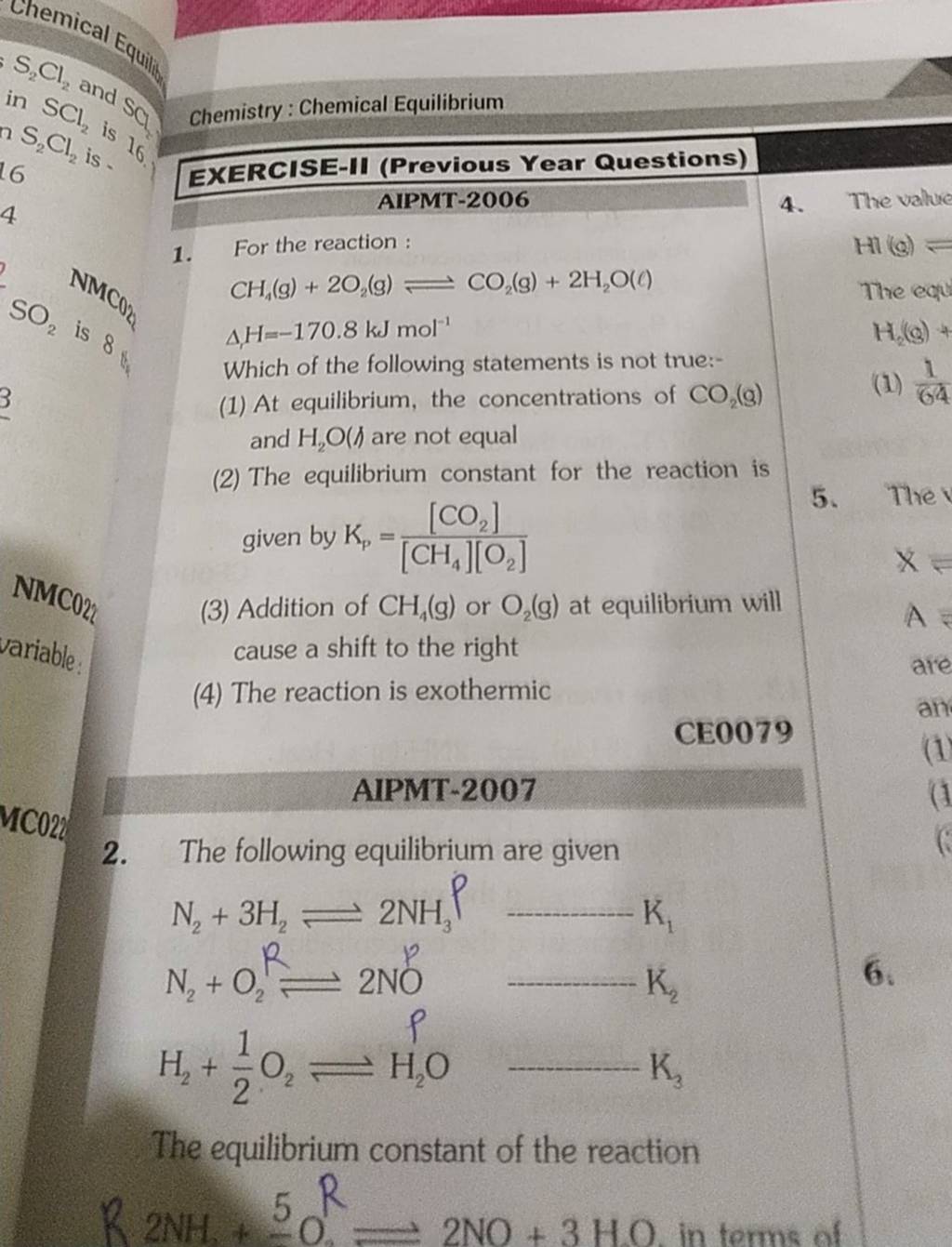 Chemistry : Chemical Equilibrium EXERCISE-II (Previous Year Questions) AI..