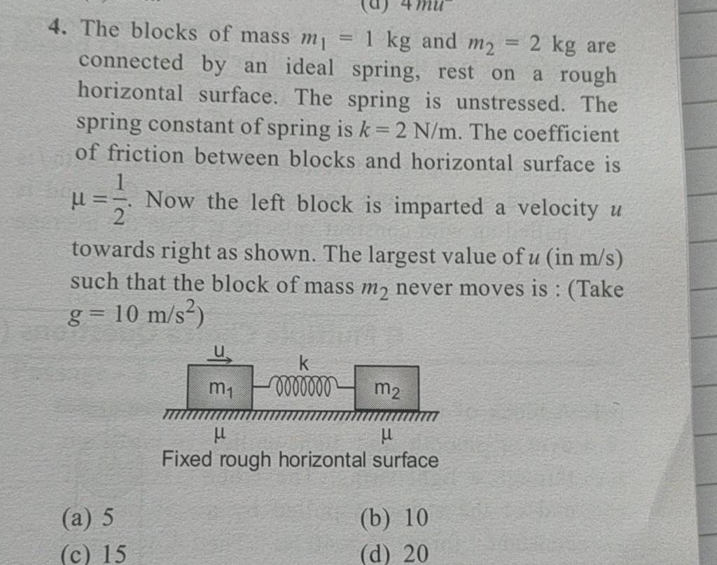 The blocks of mass m1 =1 kg and m2 =2 kg are connected by an ideal spring..