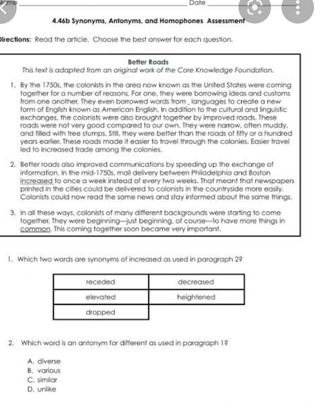 Date 4 46b Synonyms Antonyms And Homophones Assessment Directions Read date-4-46b-synonyms-antonyms-and-homophones-assessment-directions-read