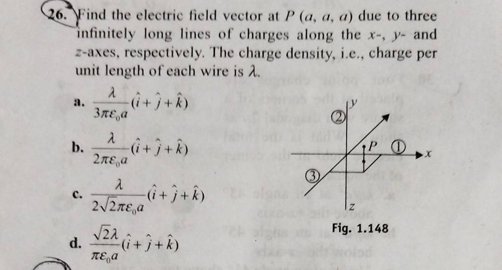 Find the electric field vector at P(a,a,a) due to three infinitely long l..