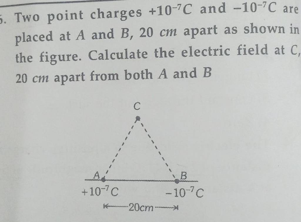Two point charges +10−7C and −10−7C are placed at A and B,20 cm apart as