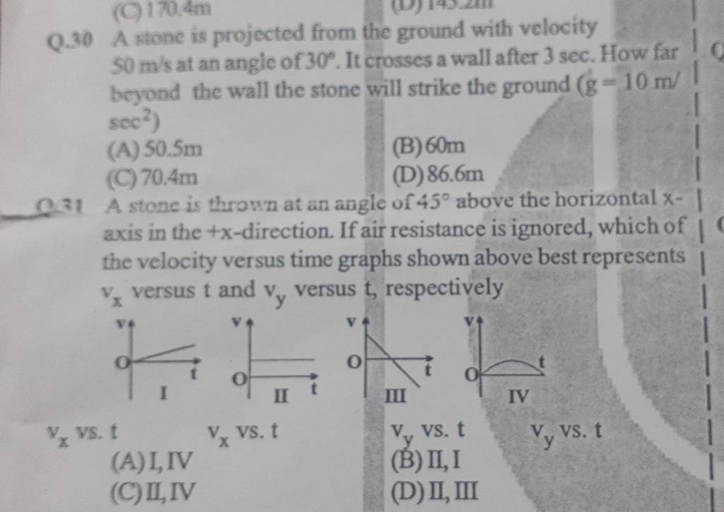 Q.21 A stone is thrown at an angle of 45∘ above the horizontal x axis in