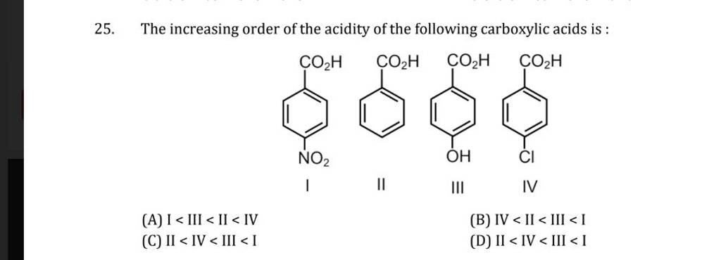 The increasing order of the acidity of the following carboxylic acids is