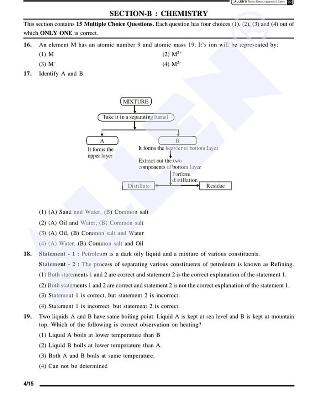 SECTION-B : CHEMISTRY This section contains 15 Multiple Choice Questions...