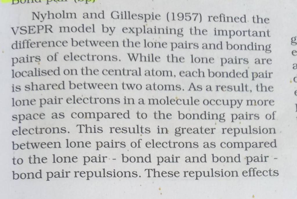 Nyholm and Gillespie (1957) refined the VSEPR model by explaining the imp..