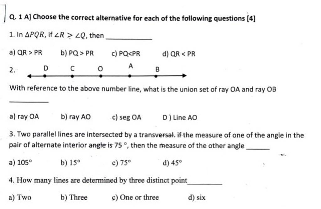 Two parallel lines are intersected by a transversal. if the measure of on..
