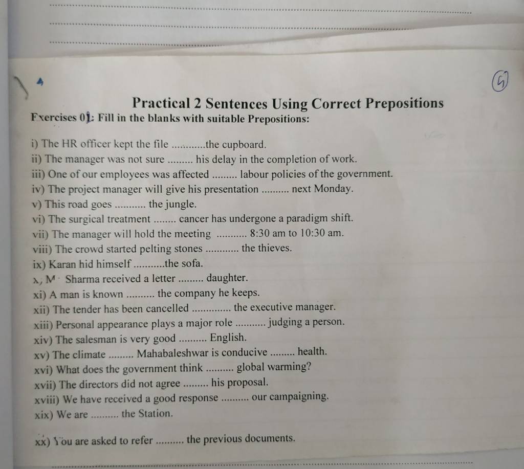 Practical 2 Sentences Using Correct Prepositions Fvercises 01 Fill In T