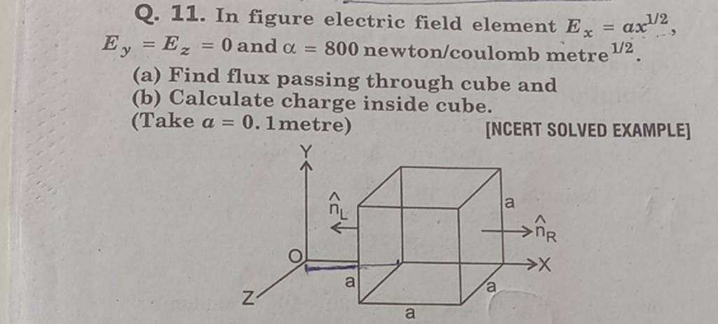Q. 11. In figure electric field element Ex =ax1/2, Ey =Ez =0 and α=800 ne..