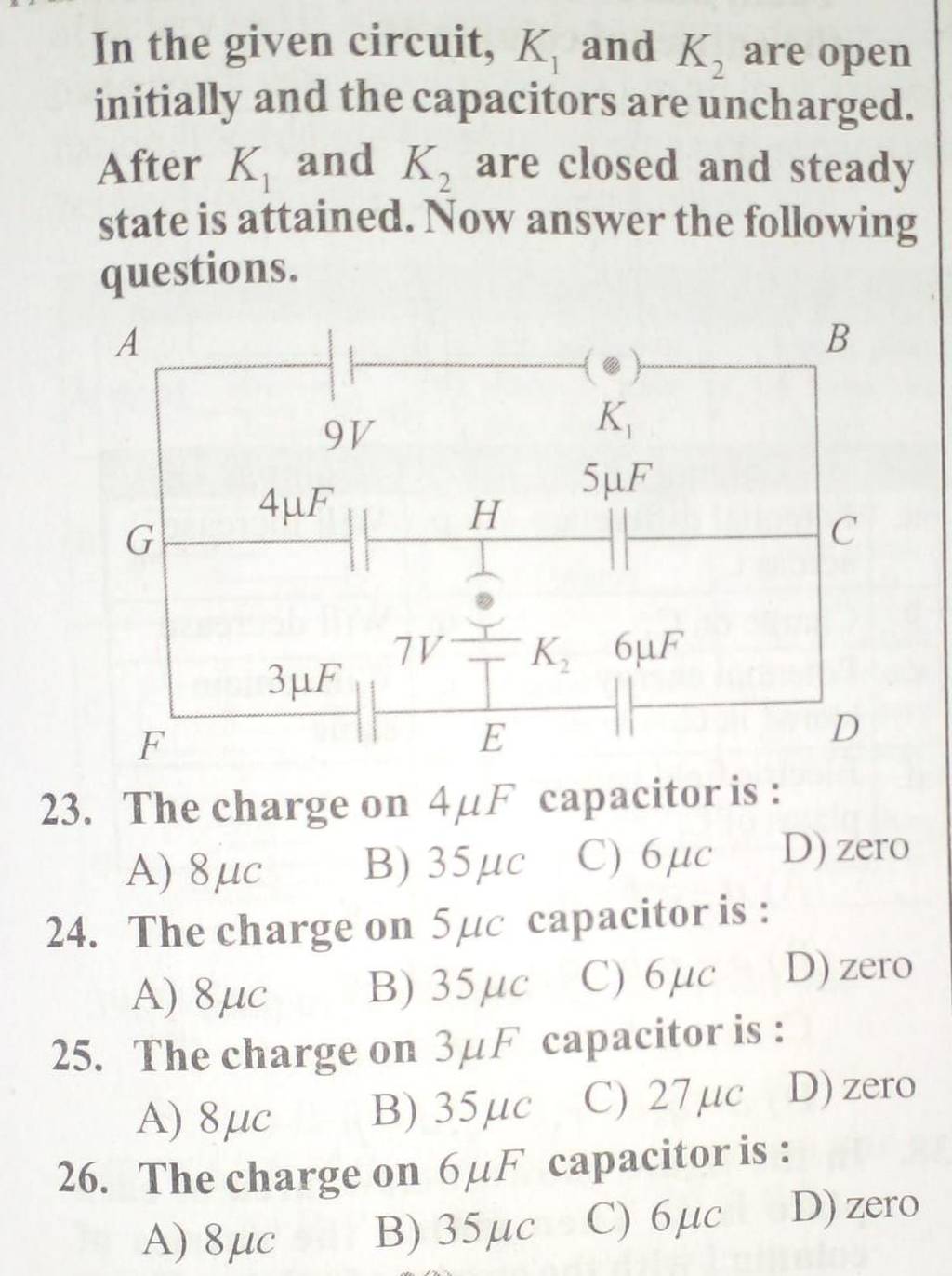 In the given circuit, K1 and K2 are open initially and the capacitors a..