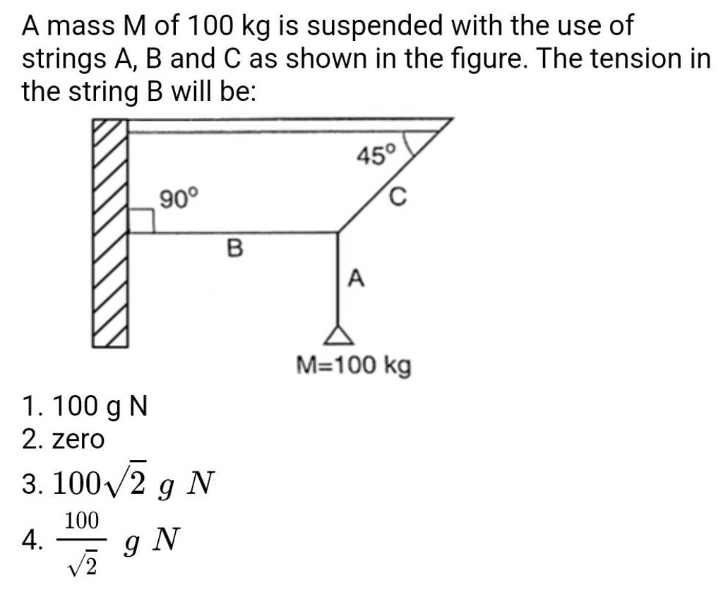 A mass M of 100 kg is suspended with the use of strings A,B and C as show..