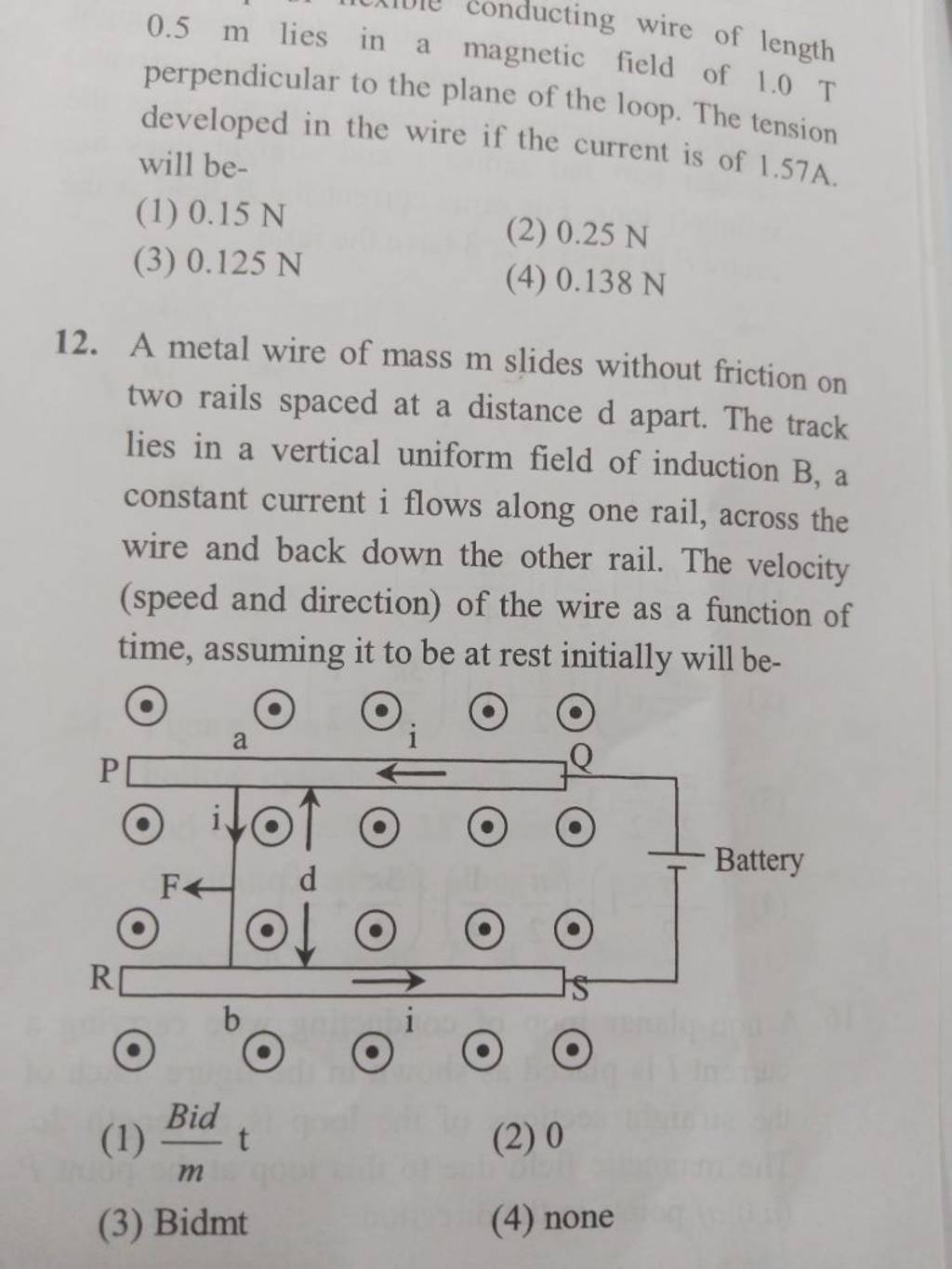 A metal wire of mass m slides without friction on two rails spaced at a d..