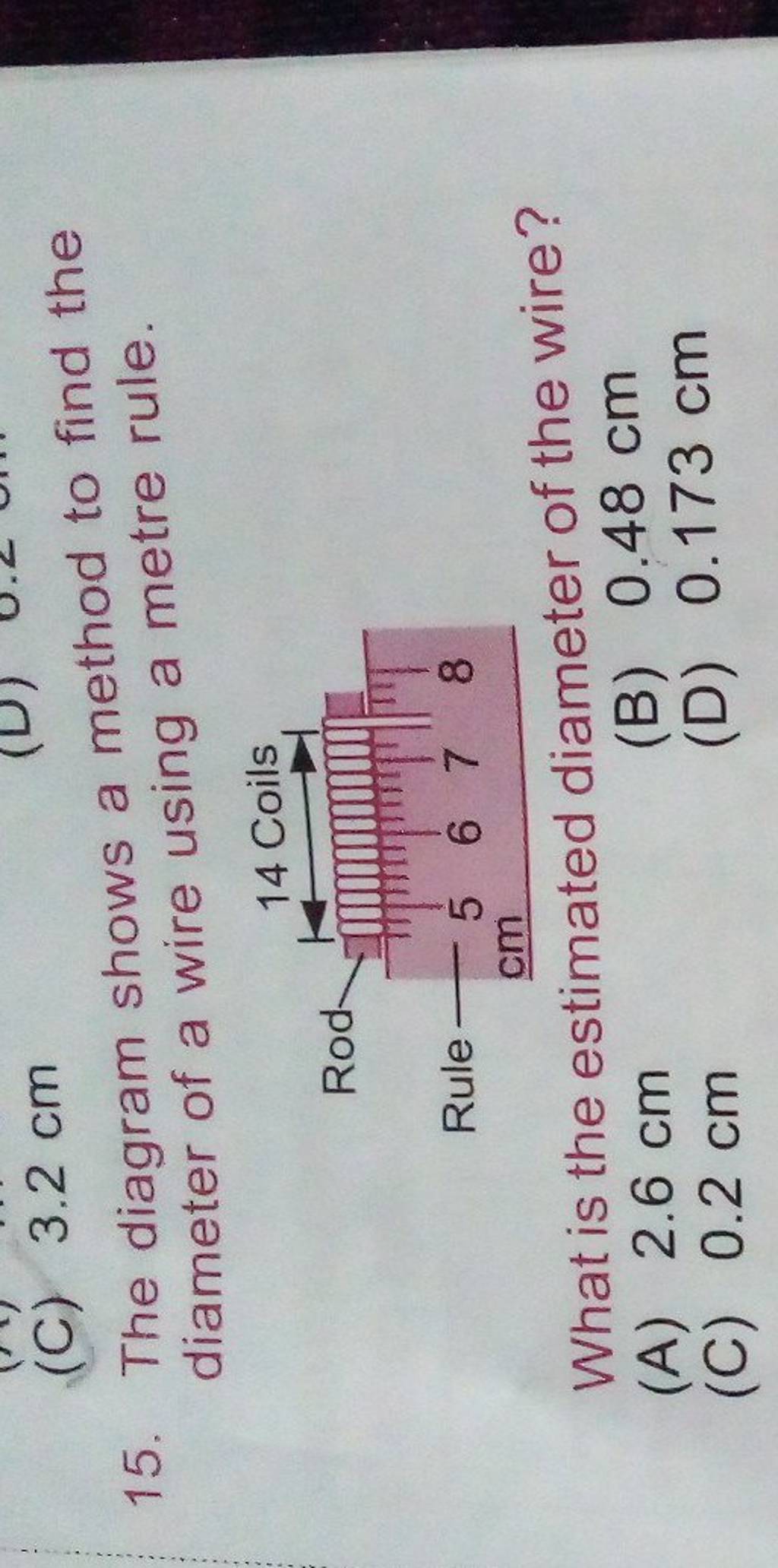 The diagram shows a method to find the diameter of a wire using a metre r..