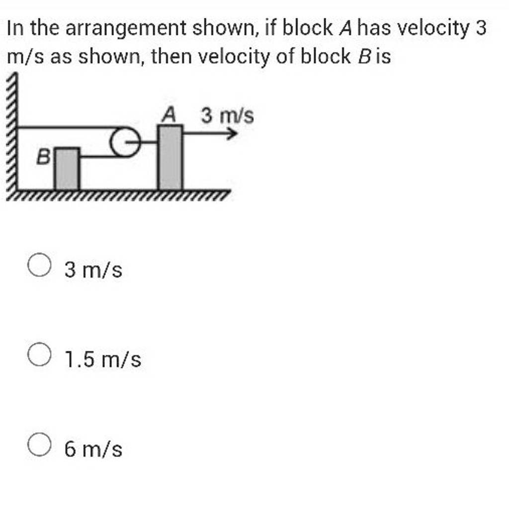 In the arrangement shown, if block A has velocity 3 m/s as shown, then ve..