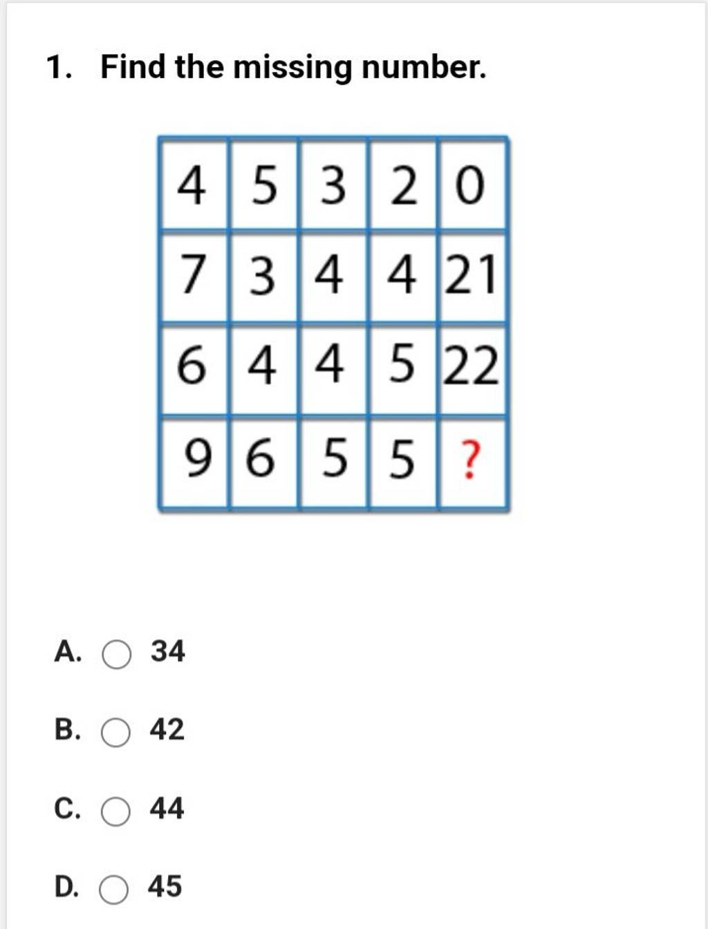 Find the missing number. 453207344216445229655? | Filo