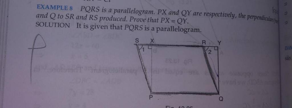 EXAMPLE 8 PQRS is a parallelogram. PX and QY are respectively, the perpen..