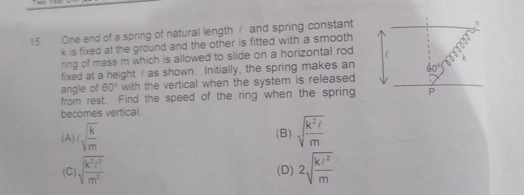 One end of a spring of natural length f and spring constant k is fixed at..