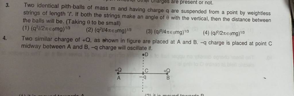 Two identical pith-balls of mass m and having charge q are suspended from..