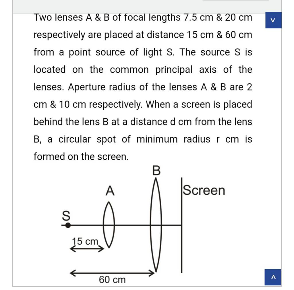 Two lenses A \& B of focal lengths 7.5 cm&20 cm respectively are placed a..