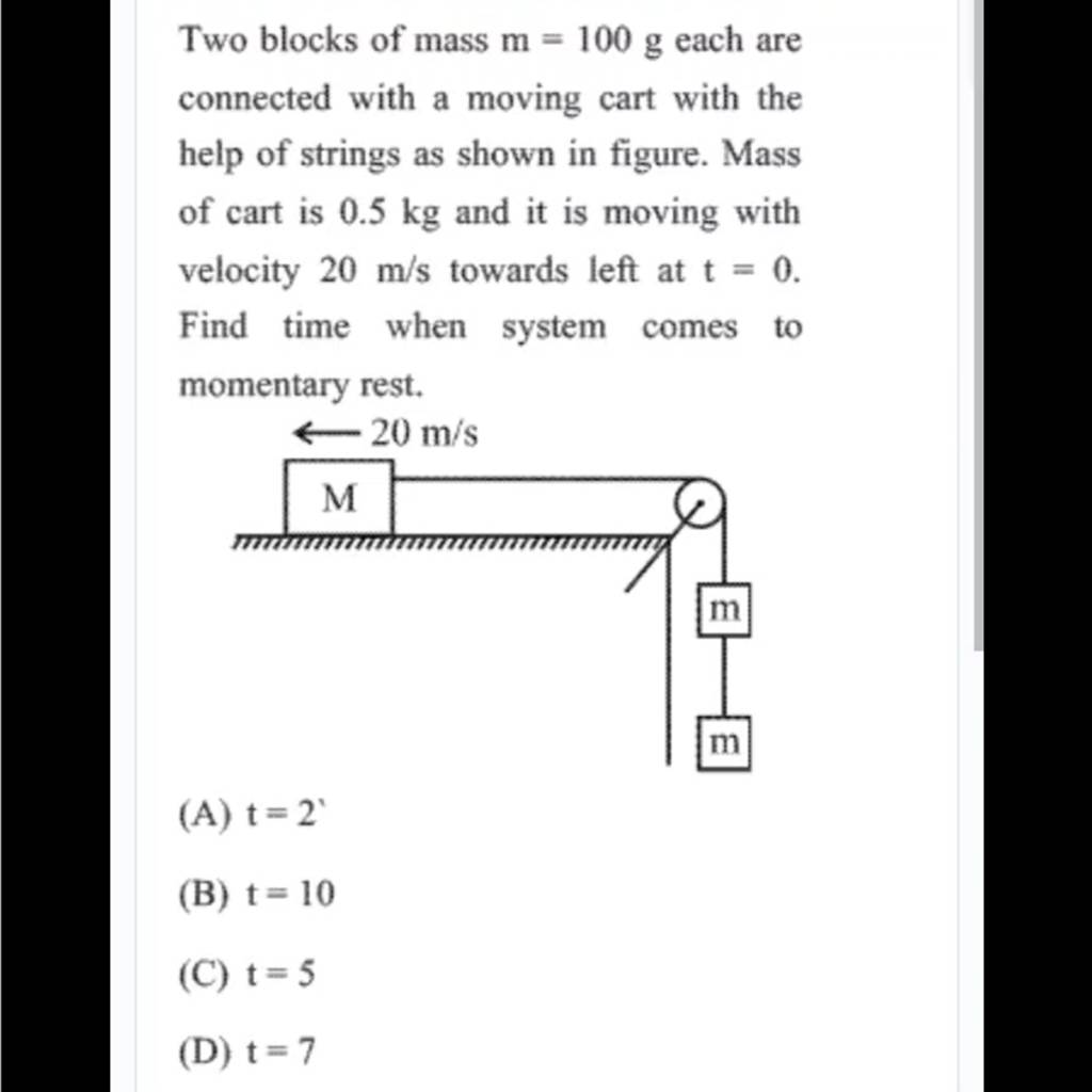Two blocks of mass m=100 g each are connected with a moving cart with the..