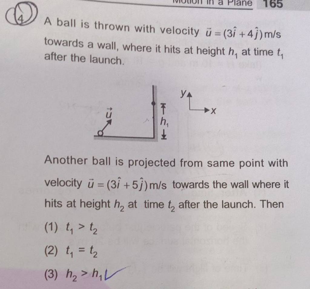 (4)) A ball is thrown with velocity u=(3i^+4j^ )m/s towards a wall, where..