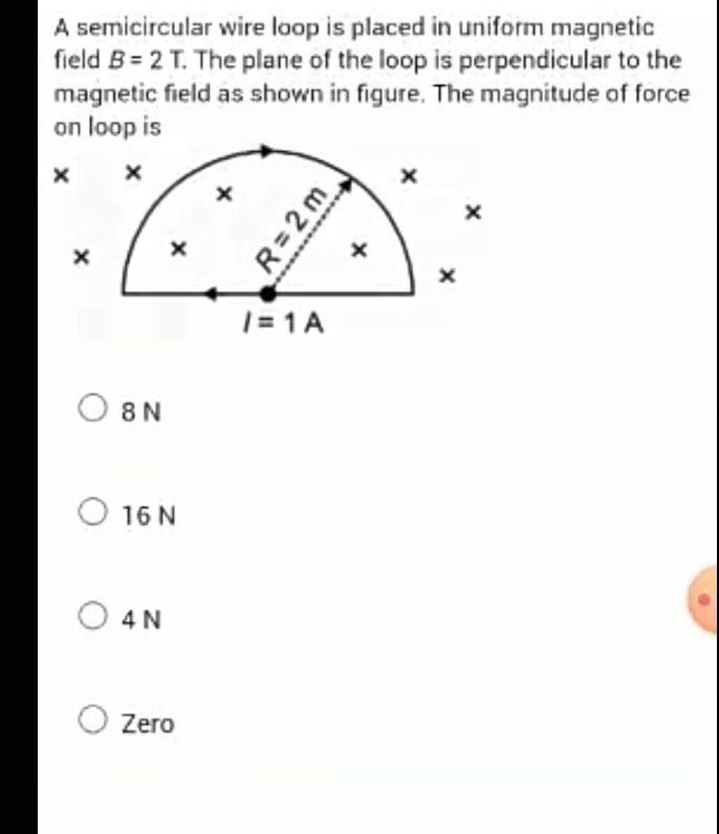 A semicircular wire loop is placed in uniform magnetic field B=2 T. The p..