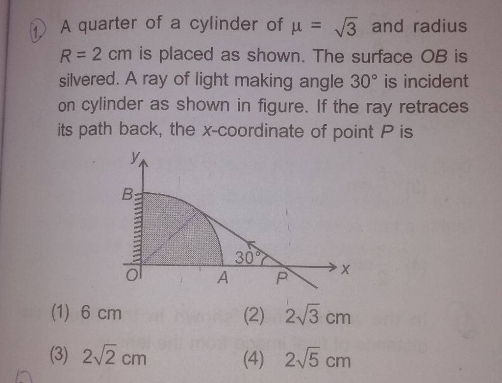 A quarter of a cylinder of μ=3 and radius R=2 cm is placed as shown. The..