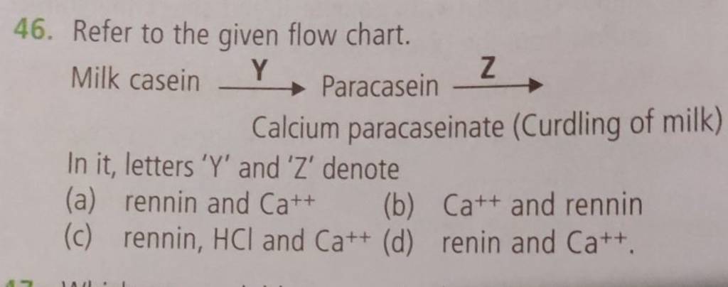 46. Refer to the given flow chart. Milk casein Y Paracasein Z Calcium..