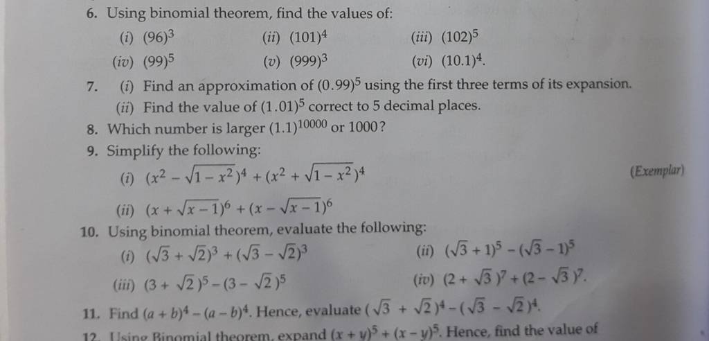 Using binomial theorem, find the values of: | Filo
