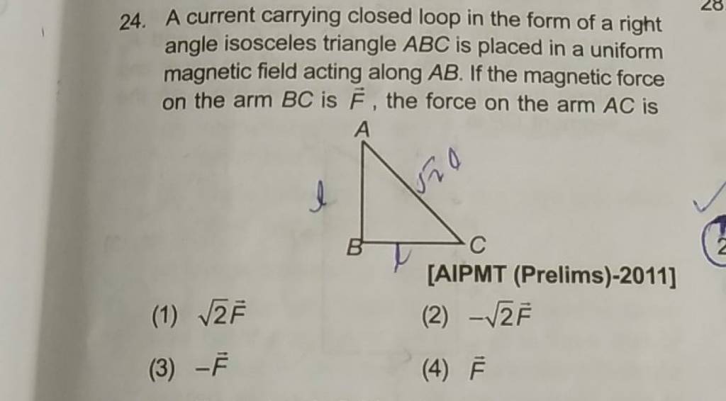 A current carrying closed loop in the form of a right angle isosceles tri..