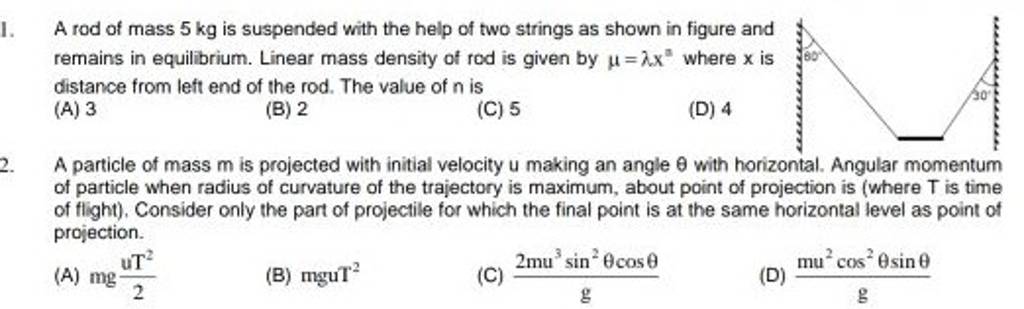 A particle of mass m is projected with initial velocity u making an angle..