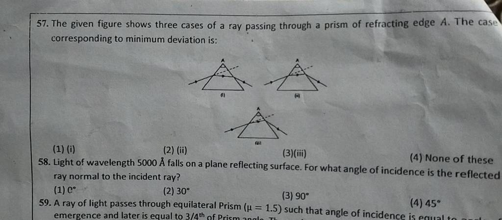 The given figure shows three cases of a ray passing through a prism of re.. The given figure shows three cases of a ray passing through a prism of re..