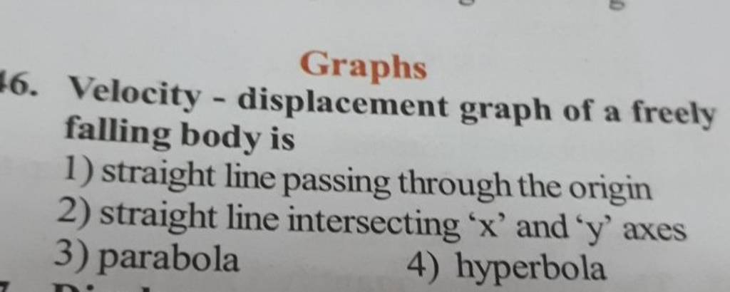 Graphs 16. Velocity - displacement graph of a freely falling body is..