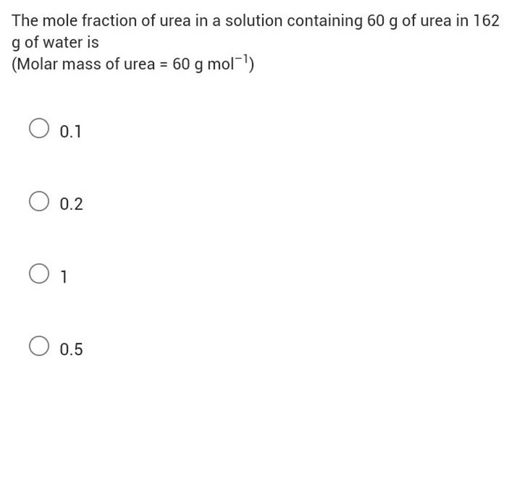 The mole fraction of urea in a solution containing 60 g of urea in 162 g