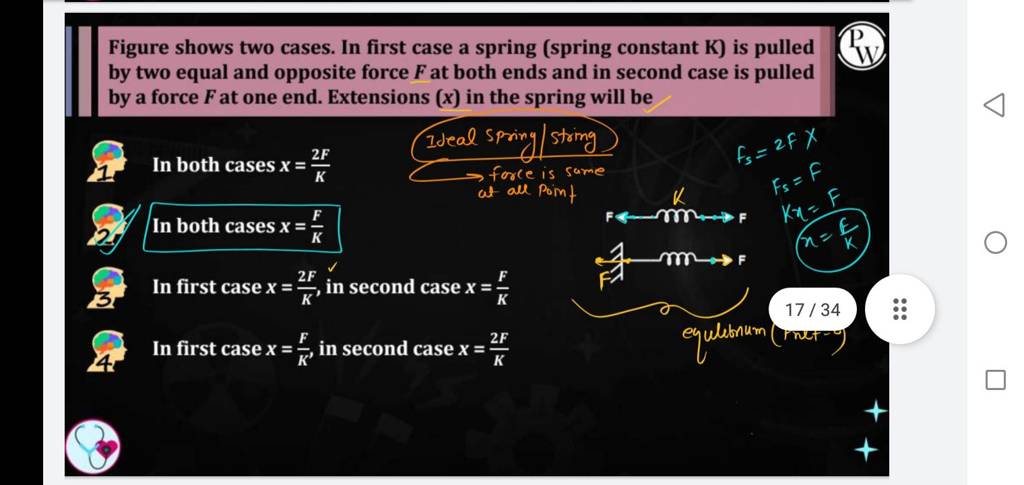 Figure shows two cases. In first case a spring (spring constant K) is pul..