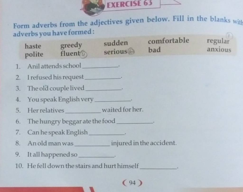 Form adverbs from the adjectives given below. Fill in the blanks with adv..
