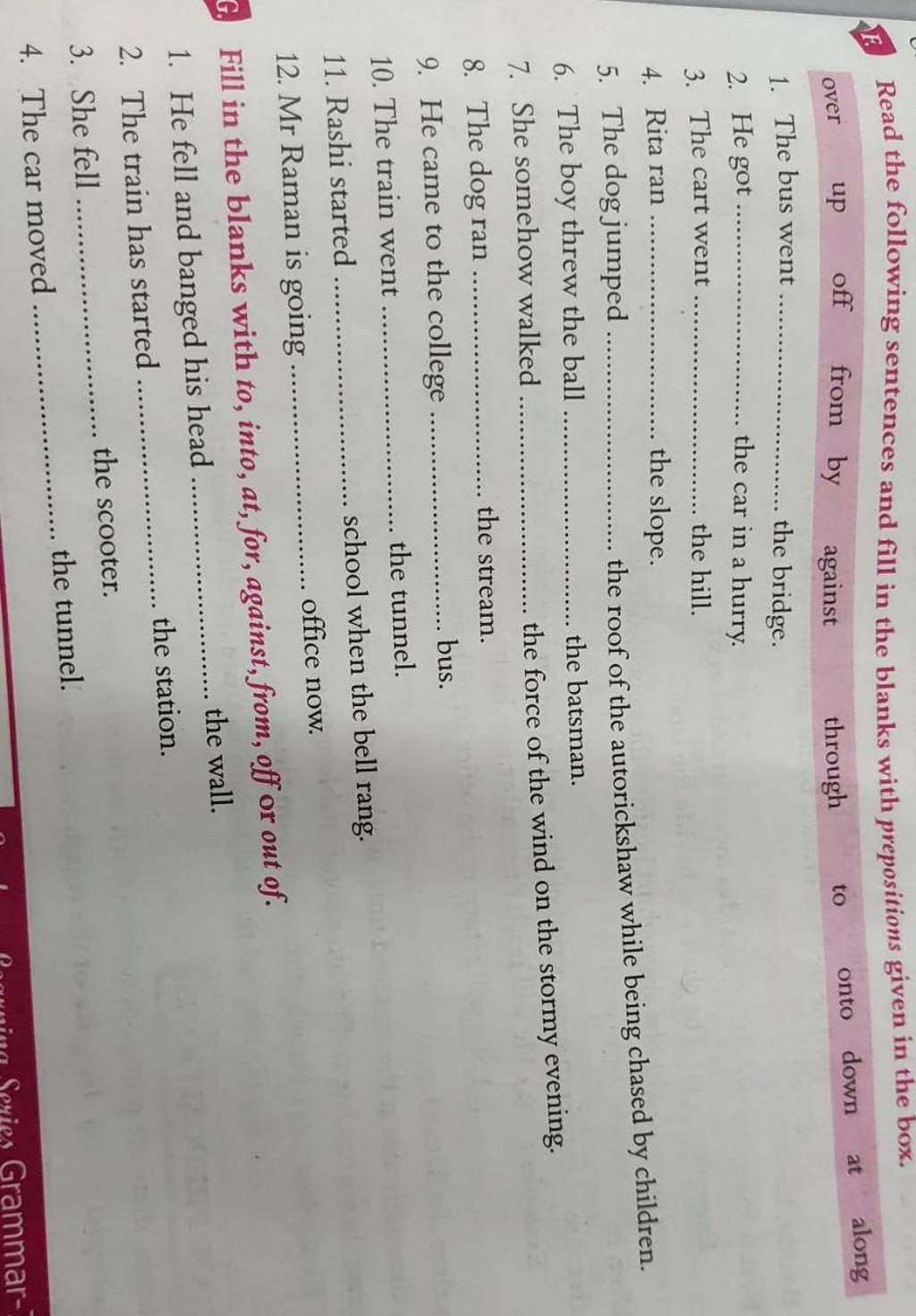 Read the following sentences and fill in the blanks with prepositions giv..