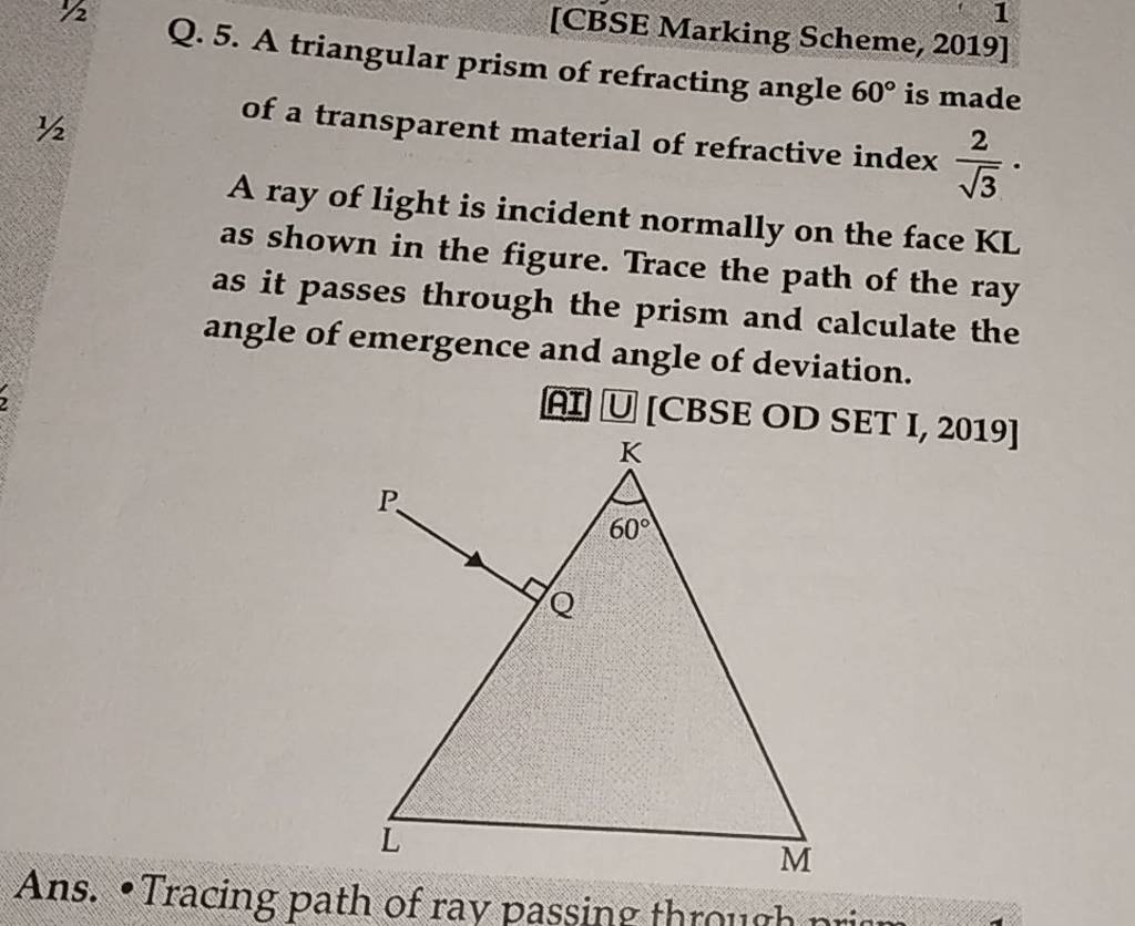 [CBSE Marking Scheme, 2019] Q. 5. A triangular prism of refracting angle
