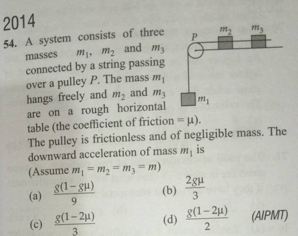 2014 54. A system consists of three masses m1 ,m2 and m3 connected by a..