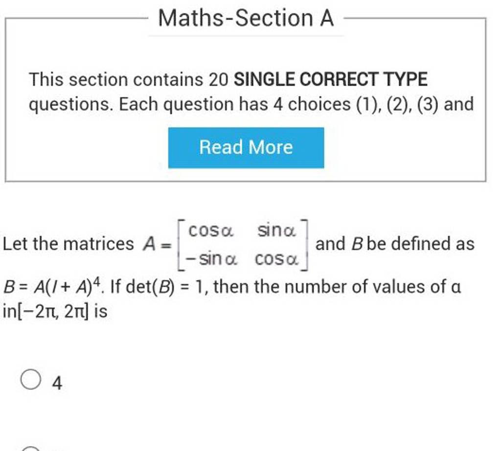 Maths-Section A This section contains 20 SINGLE CORRECT TYPE questions. E..