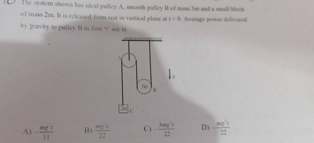 The system shown has ideal pulley A, smooth pulley B of mass 3 m and a sm..