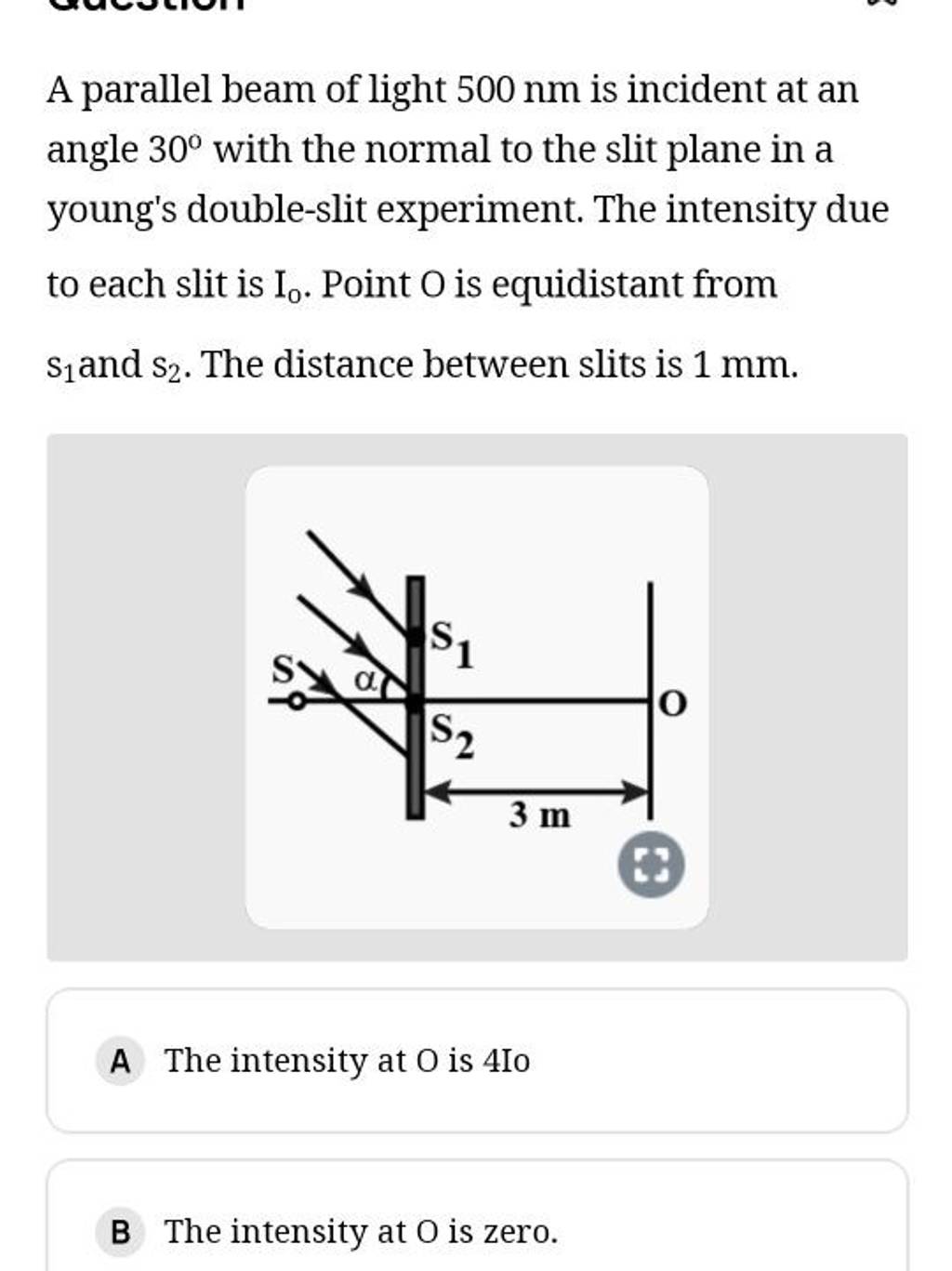 A parallel beam of light 500 nm is incident at an angle 30∘ with the norm..