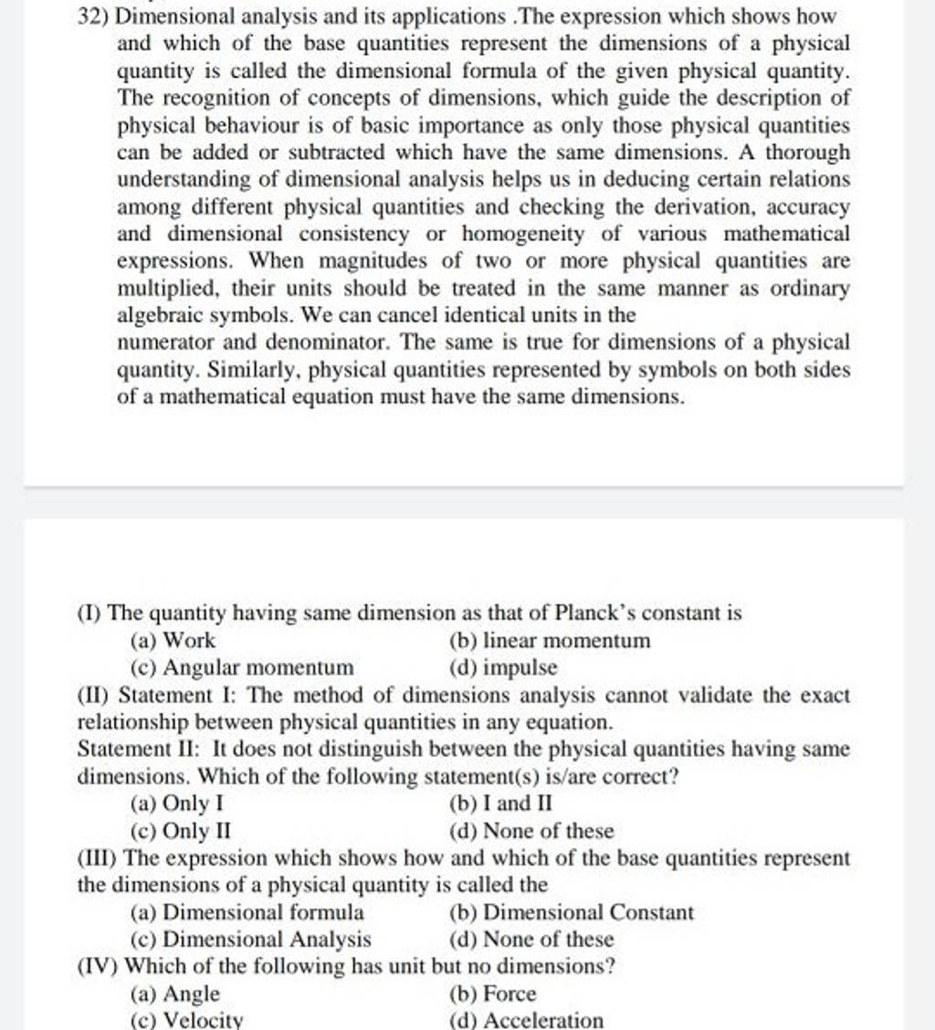 Dimensional Analysis And Its Applications The Expression Which Shows Ho 