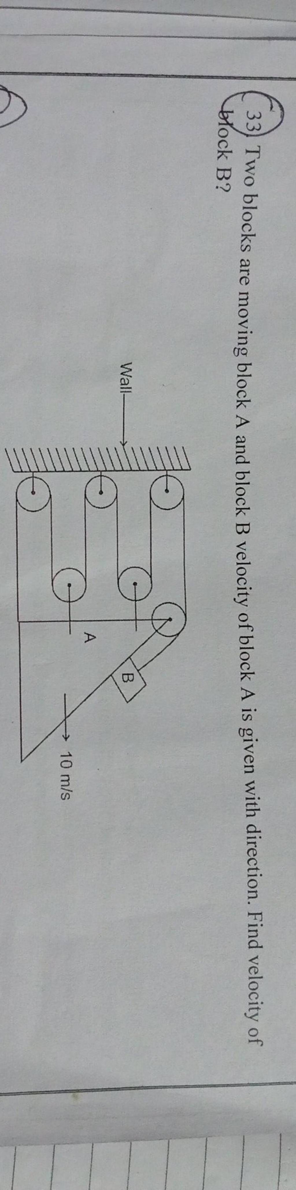 33. Two blocks are moving block A and block B velocity of block A is give..